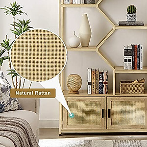 CUANBOZAM 7-Tier Rattan Bookshelf with Storage Cabinet & Door - 76" Tall, Open Display Bookcase Organizer - Free Standing Storage Unit for Home, Office, Living Room, Bedroom, Study