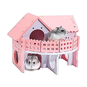 Hamster Maze Wood House Small Animal Hideout Wooden Assemble Double-Deck Hut Villa Ecological Cage Habitat Decor for Dwarf, Hedgehog, Syrian Hamster, Gerbils Mice
