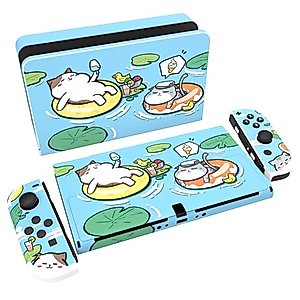 PlayVital Full Set Protective Stickers for Nintendo Switch OLED Model, Customized Vinyl Decal Skins for Switch OLED Console & Joycon & Dock & Grip - Pool Party Kitten