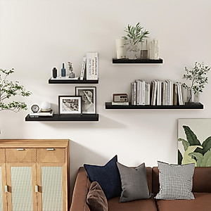 Black Floating Shelves for Wall, 9 Inch Deep Floating Shelves Set of 2, 24 Inch Long Solid Wood Wall Mounted Shelves for Books Living Room Bedroom Kitchen Home Office, 24"W x 9.3"D x 1.6"H