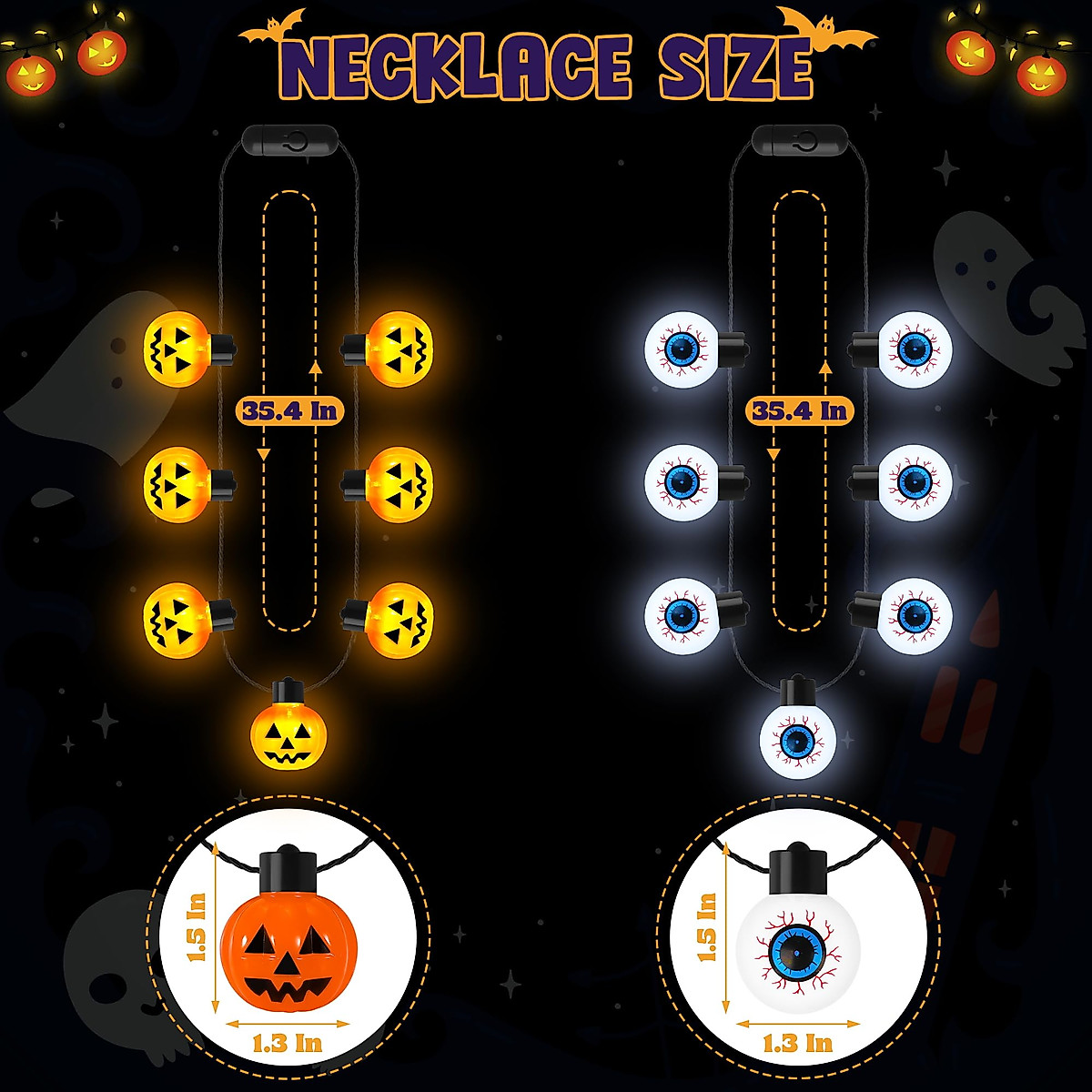 Halloween Necklace, 2PCS Light up Halloween Pumpkins Eyeballs Necklaces, Yellow White 7 Bulb Halloween Glow Necklace Accessories, 3 Mode Lights Necklaces Bulk for Halloween Trick or Treat Party Favors