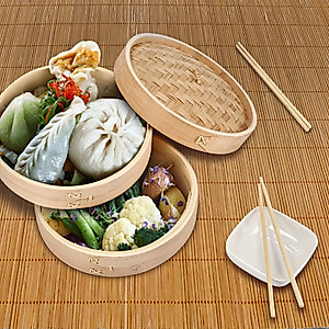 Bamboo Steamer 10 Inch - Basket 2 Tier Steam Cooker Pot for Rice, Dim Sum, Fish, Vegetable & Meat – Set of Two Bamboo Chopsticks, Steamer Liner and Steamer Basket