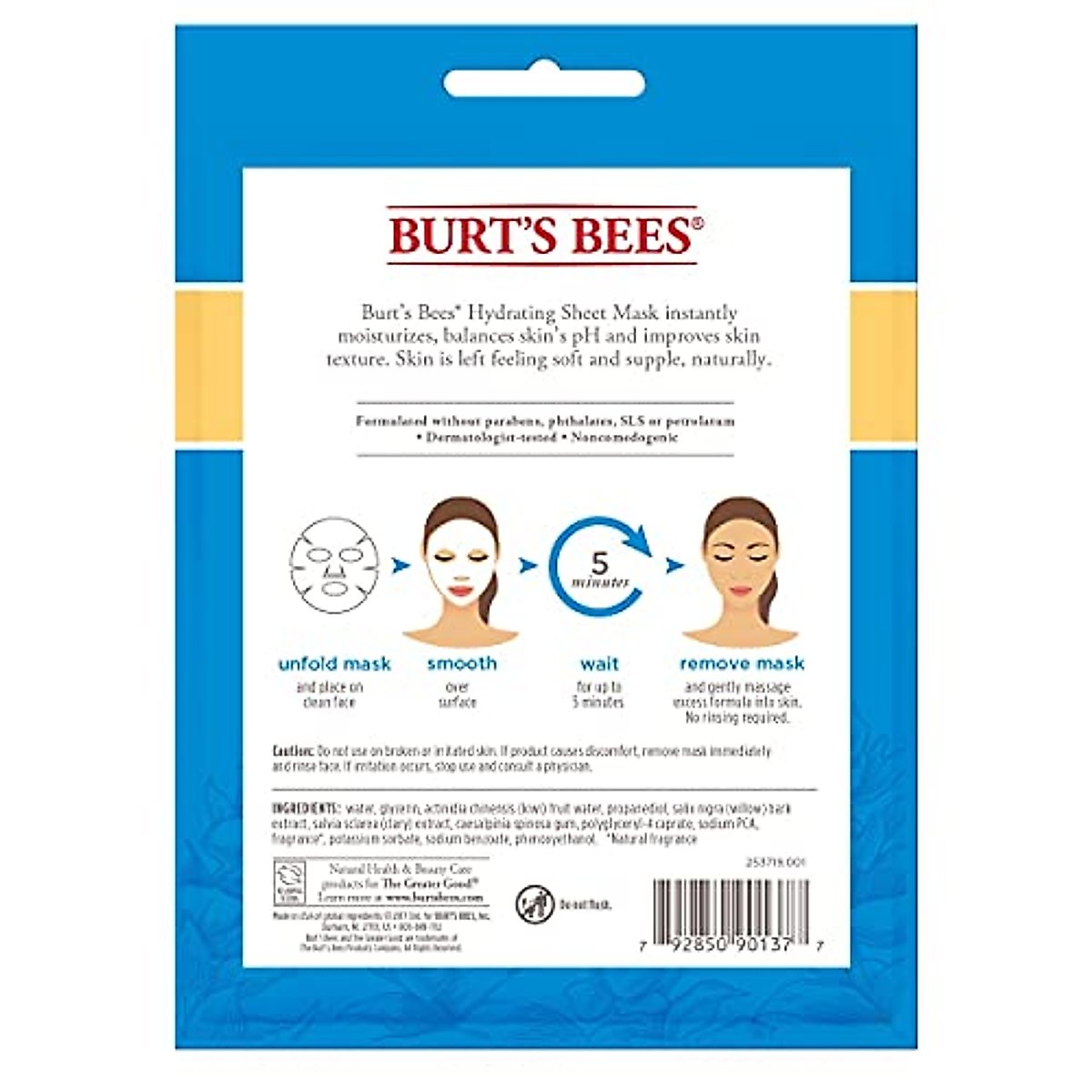 Burt's Bees Hydrating Face Mask with Clary Sage, Single Use Sheet Mask, 1 Count, Pack of 6 (Package May Vary)