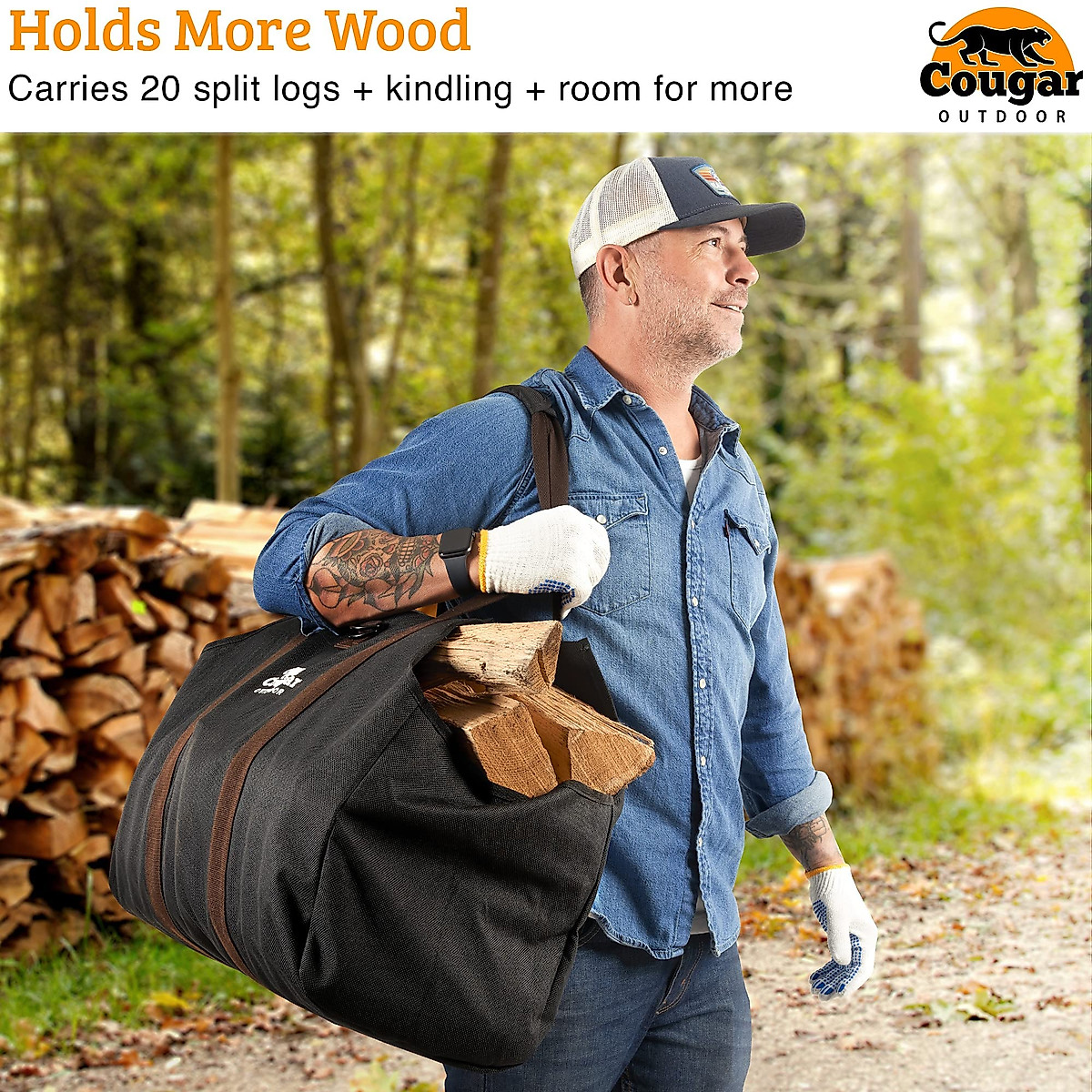 Cougar Outdoor Firewood Carrier Log Carrier (Black) – Waterproof, Heavy Duty, XXL Capacity Canvas Wood Carrying Bag for Firewood, Camping, Wood Fire Stove & Fireplace Gift for Him Idea