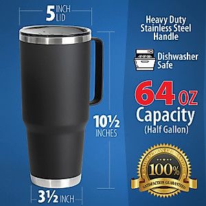 XPAC Double Vacuum Wall Stainless Steel Tumbler with Lid, 64 Ounce, With Handle, Black, Fits in a 4" Wide Car Beverage Holder