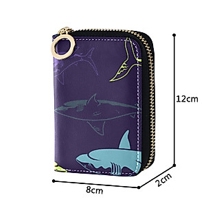 Seamless Yellow Purple Turquoise Swimming Sharks on Dark Credit Card Coin wallet, Key Change Organizer Zipper Purse Compact Clutch Pouch Pocket, RFID Blocking Women Leather Card Holder