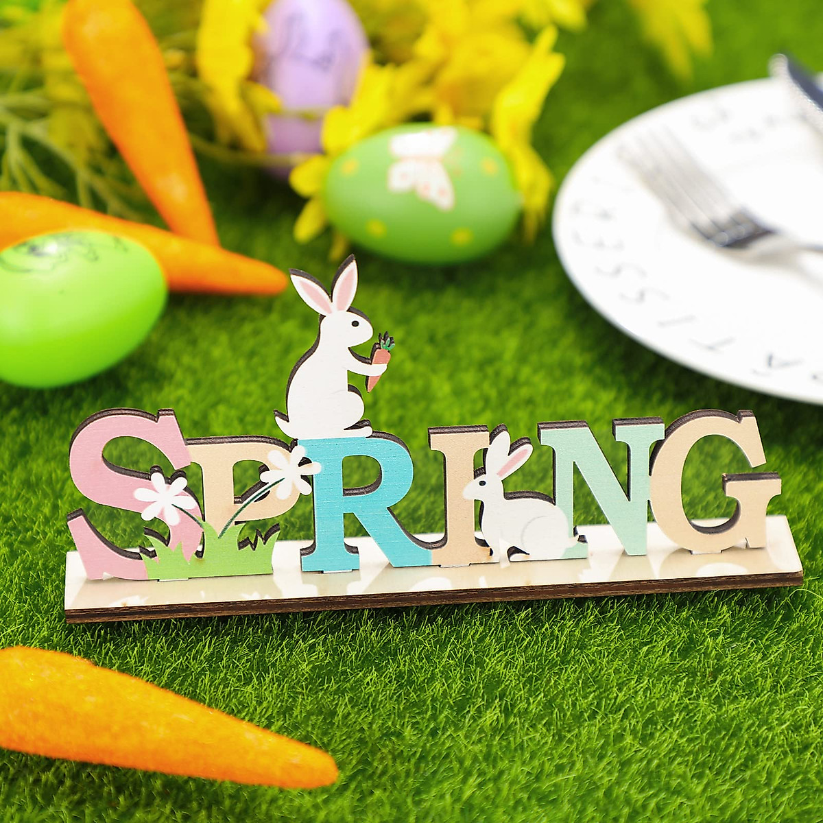 Jetec Easter Decorations Spring Bunny Tabletopper Bunny Rejoice Easter Egg Centerpiece Easter Figurines Tabletopper Ornaments for Spring Easter Indoor Outdoor Garden Yard Lawn Patio Party Decoration