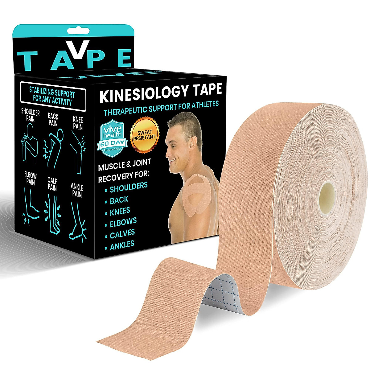 Vive Kinesiology Tape (105 Feet) - Therapeutic Athletic Support Tape - Uncut Kensio Roll - Muscle and Joint Recovery for Shoulder, Back, Knee, Elbow and Ankle Pain Relief - Waterproof for Sports
