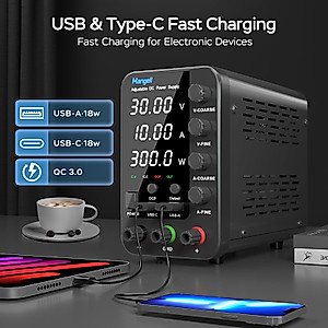 DC Power Supply Variable, 30V 10A Bench Power Supply with Encoder Coarse & Fine Adjustments Knob, Adjustable Switching Regulated lab Power Supply with 5V 3.6A USB & Type-C Quick-Charge