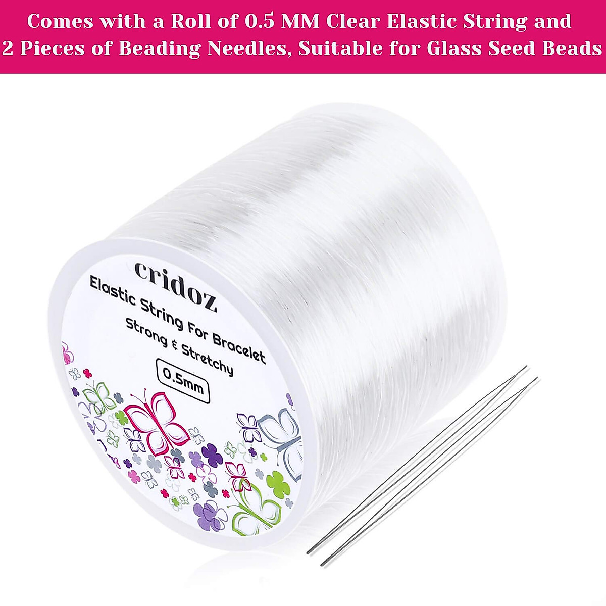 Stretchy String for Bracelets, Cridoz 0.5mm Clear Elastic String Stretch Cord Jewelry Bead Bracelet String with 2 Pcs Beading Needles for Seed Beads, Pony Beads, Bracelets and Jewelry Making