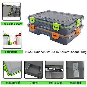 2PC JOYGO FISHAN Waterproof Fishing Tackle Boxes DIY Trags Organizer Box Transparent Adjustable Dividers Hold Fishing Lure Box Easy to Open Latches 2 Size Choice (Orange+Green 8.6*6.6*2inch)