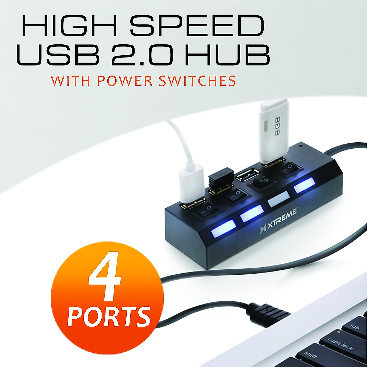 Xtreme 4-Port USB Hub, 4 Individual LED Power Switches, Works With Laptops/Desktops, Supports All USB Devices: Wireless Mice, Smartphones, Tablets, Plug and Play Installation