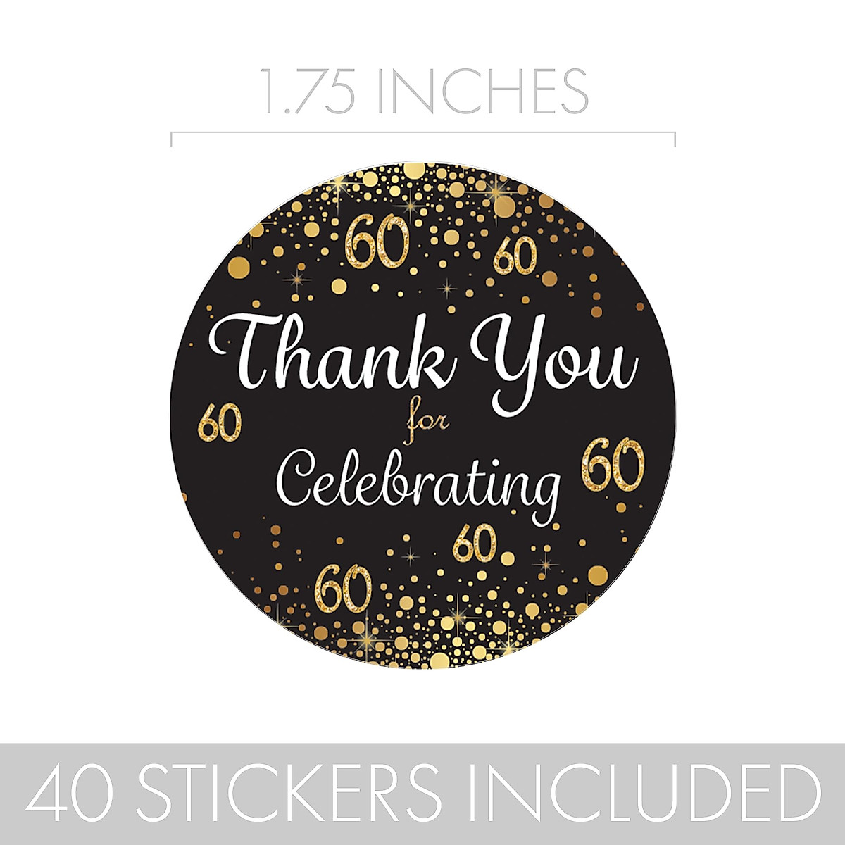 Black and Gold 60th Birthday Party Thank You Stickers - 40 Stickers