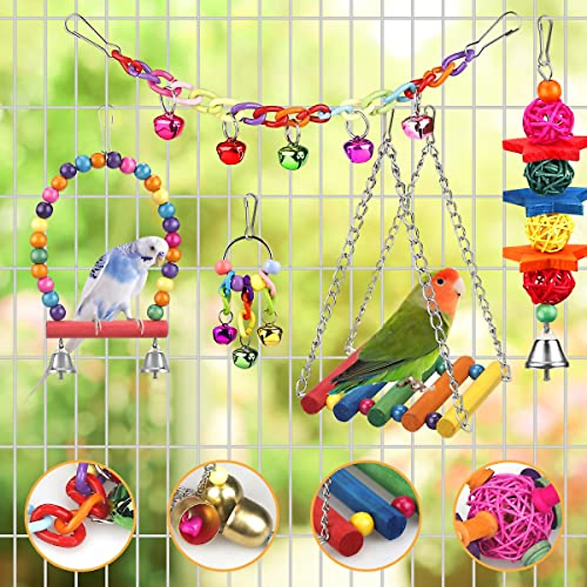 YIXUND Bird Toys for Conures with Colorful Ladder Hammock Bird Cage Accerious Bird Perch Stand Chewing Toys Hanging Bell for Parrot Parakeet Cockatiel Lovebirds