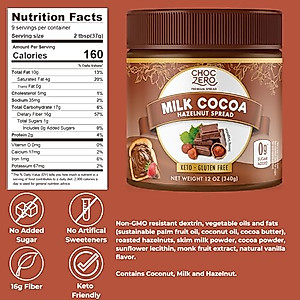 ChocZero Milk Chocolate Hazelnut Spread - Keto Friendly, No Sugar Added, Best Low Carb Dessert, Perfect Topping for Almond Flour Pancakes, Naturally Sweetened with Monk Fruit (1 jar, 12 oz)