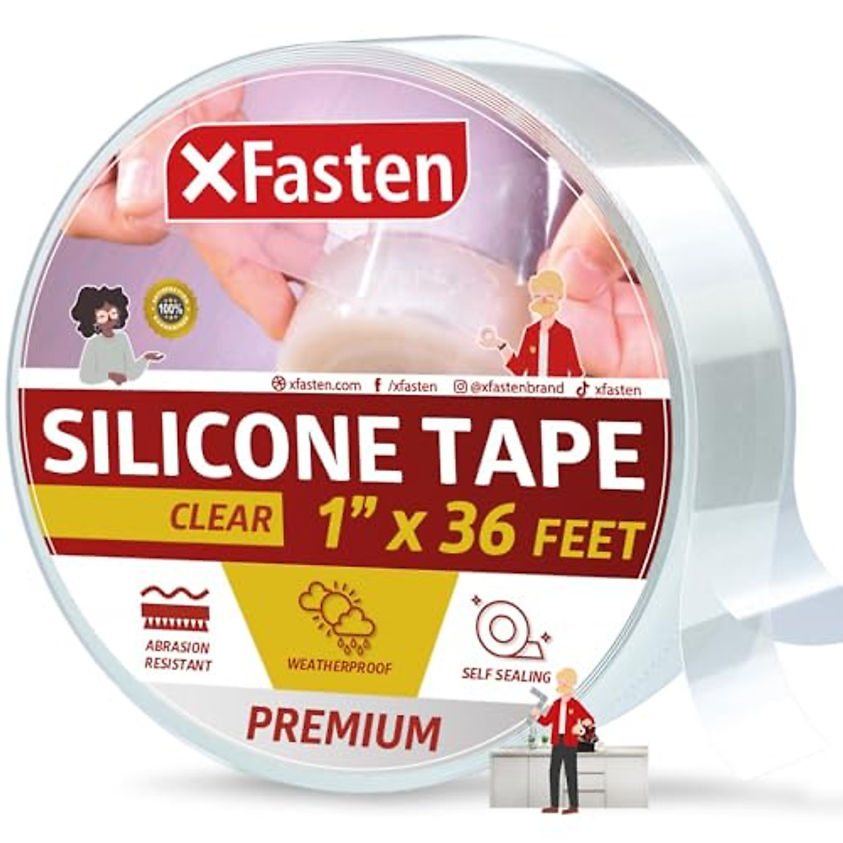 XFasten Self Fusing Silicone Tape for Plumbing Clear 1" X 36-Foot Non-Adhesive Leak Seal Tape Waterproof, Silicone Grip Tape, Rubber Tape Thick for Pipe, Hose Repair Tape, Stop Leak Tape