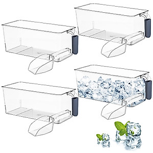 4 Set Clear Storage Bins with Scoops Stackable, Acrylic Freezer Ice Buckets with Scoops for Parties, Plastic Pantry Organizer Bins Food Storage Bins with Handle for Fridge, 4.4 Liter