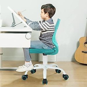 FurnitureR Desk Chair Armless Home Office Task Chair with Mesh Padded Cushion Swivel Study Chair with Rolling Wheels for Kids Teens Children, Turquoise