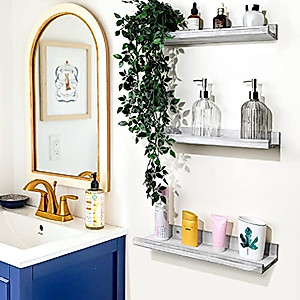 Annecy Floating Shelves Wall Mounted Set of 3, 16 Inch Gray Solid Wood Shelves for Wall, Wall Storage Shelves with Guardrail Design for Bedroom, Bathroom, Kitchen, Office, 3 Different Sizes