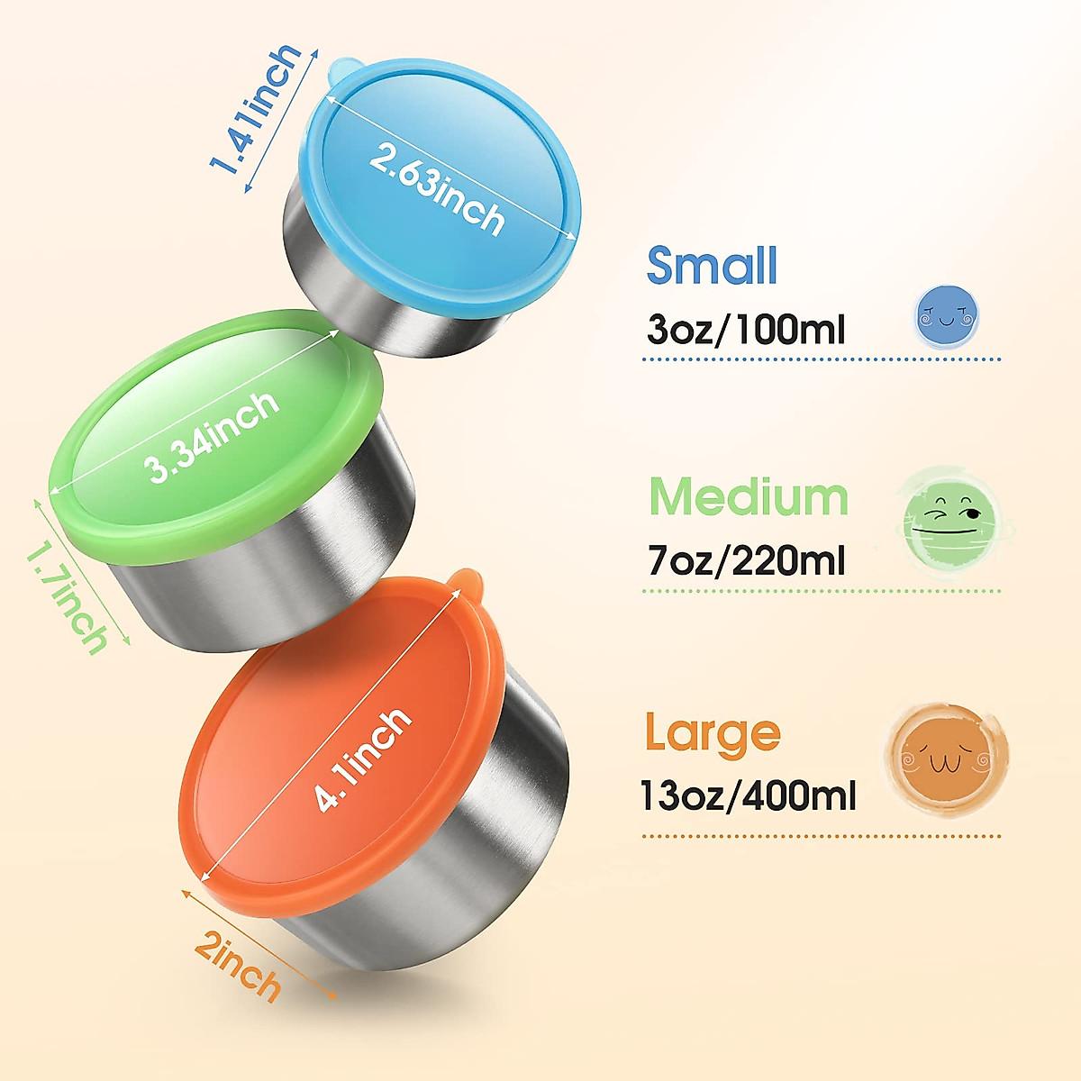 fruui Stainless Steel Containers with Lids, 3 Pack Reusable Snack Containers, 18/8 Stainless Steel Lunch Box Containers, Leakproof, Premium Silicone, Easy Open Food Containers - 13oz, 7oz, 3oz