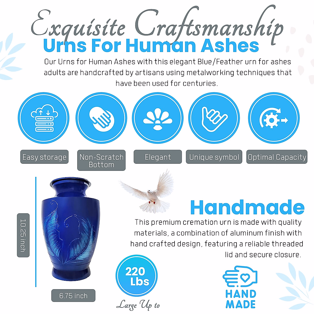 Blue Feather Cremation Urn for Human Ashes, Urns for Adult Ashes, Funeral & Burial Urns for Adult Male and Female, Large Size up to 220 Lbs