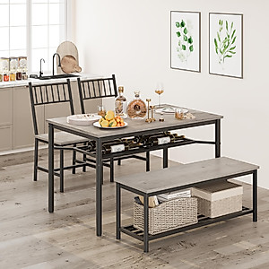 GAOMON Dining Table Set for 4, Kitchen Table and Chairs for 4 with Wine Rack, Dining Room Table Set with Bench, Rectangular Kitchen Table Set for Small Space, Apartment, Studio, Retro Gray