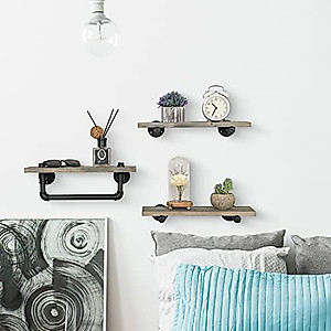 MyGift Wall Mounted Weathered Gray Solid Wood Floating Display Shelf and Industrial Pipe Hanging Bar Organizer Rack, Decorative Bathroom Shelving with Towel Bar, 3 Piece Set