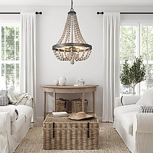 LALUZ Farmhouse Chandelier, Boho Light Fixture for Dining Room, Bedroom, Handmade Wood Beads, 6-Light, 28.3" H x 20.1" W