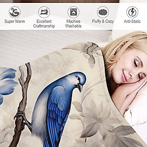 Blanket Blue White Floral Spring Flower Bird ChinoiserieWarm Blanket Flying Bird Flower Blue White Flannel Fleece Throw Blanket for Couch Sofa Bed for Adults Kids Boys Teens Gift for Adults 50"x60"