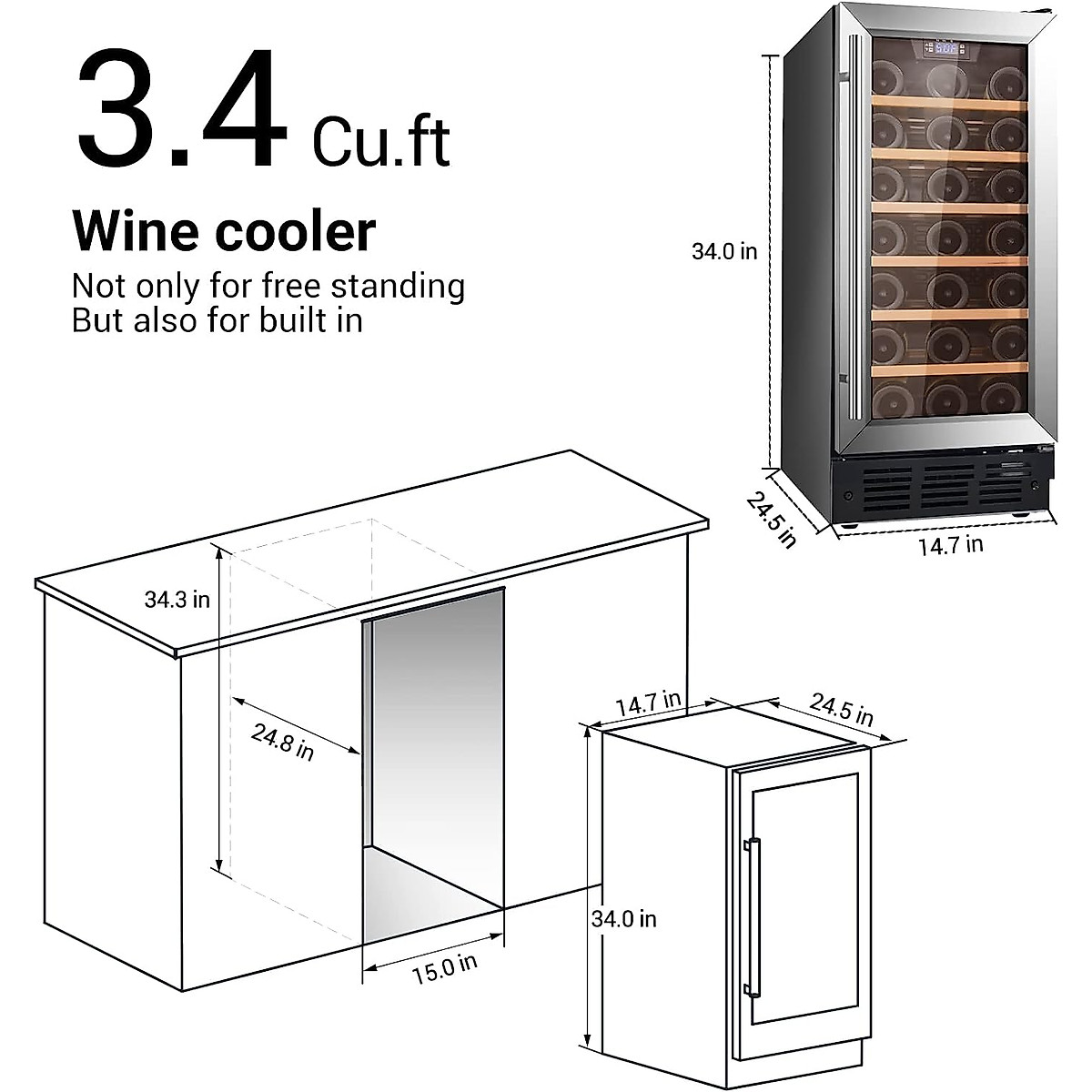 Under Counter Wine Cooler 15 Inch Wide, 33 Bottle Wine Fridge Refrigerator Built In/Freestanding, Under Cabinet Glass Door Stainless Steel Black Wine and Beverage Cellar For Home Bar With LED