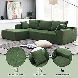 DEINPPA Modern Minimalist Style Modular Sofa Couch with Pillows, Deep Sectional Sofa Furniture Set, 4-Seater Chenille L-Shaped Sofa for Living Room Reception Room-Green