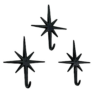 Set of 3 Black Finish Cast Iron 8-Pointed Atomic Starburst Wall Hooks - Mid-Century Modern Elegance - Easy Install - Perfect for Vintage and Eclectic Decor
