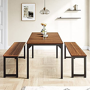 IMUsee 45" Dining Table Set for 4, 3-Pieces Kitchen & Dining Room Sets with Benches, Metal Frame and Wood Board, Sturdy Structure, Easy Assembly, Small Space Dinette, Walnut & Black