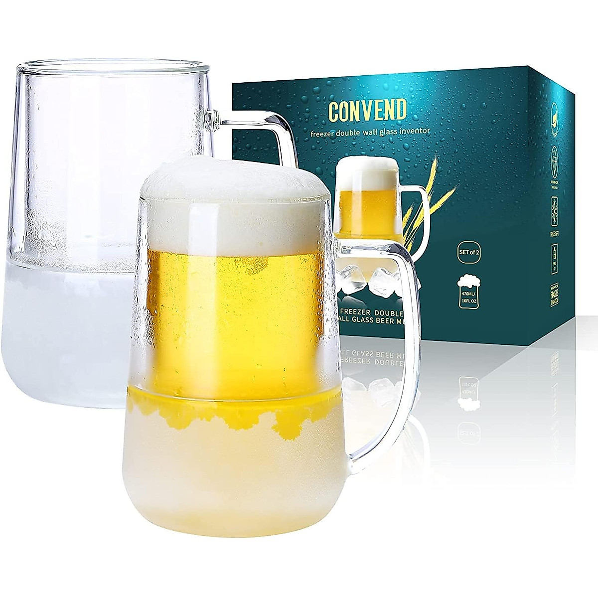 Convend Beer Mugs For Freezer,Double Wall Clear Borosilicate Glass Beer Mug with Handle,Ice Cup for Beer,Milk and Juice-16 Oz Capacity, Set of 2