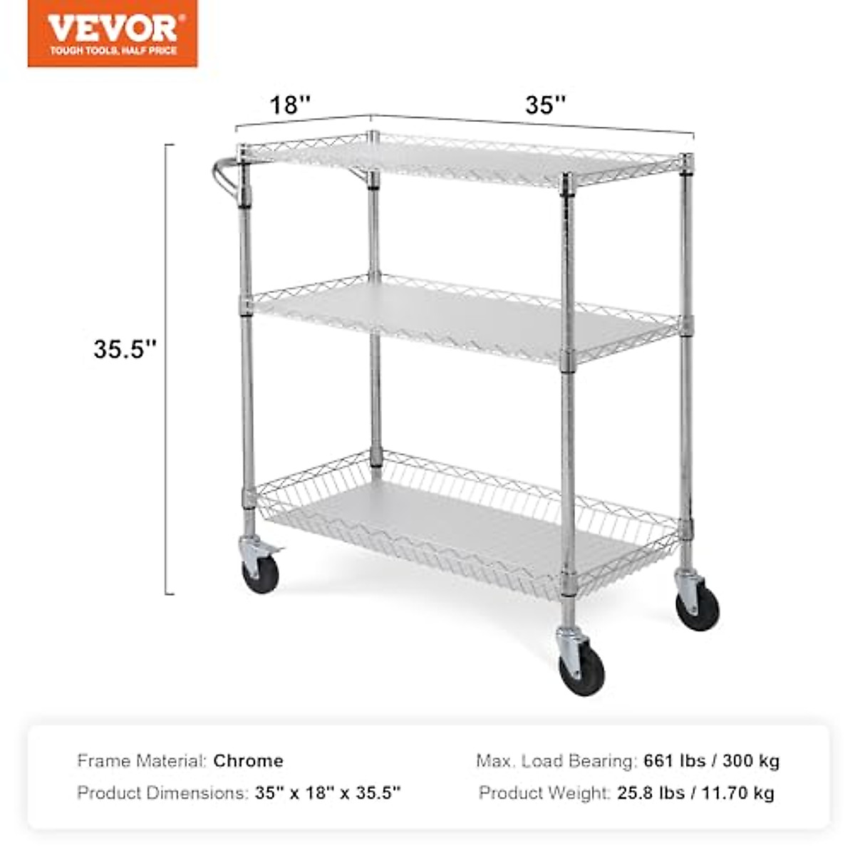 VEVOR Kitchen Utility Cart, 3 Tiers, Wire Rolling Cart with 661 LBS Capacity, Steel Service Cart on Wheels, Metal Storage Trolley with 80 mm Deep Basket Curved Handle PP Liner 6 Hooks, NSF Listed