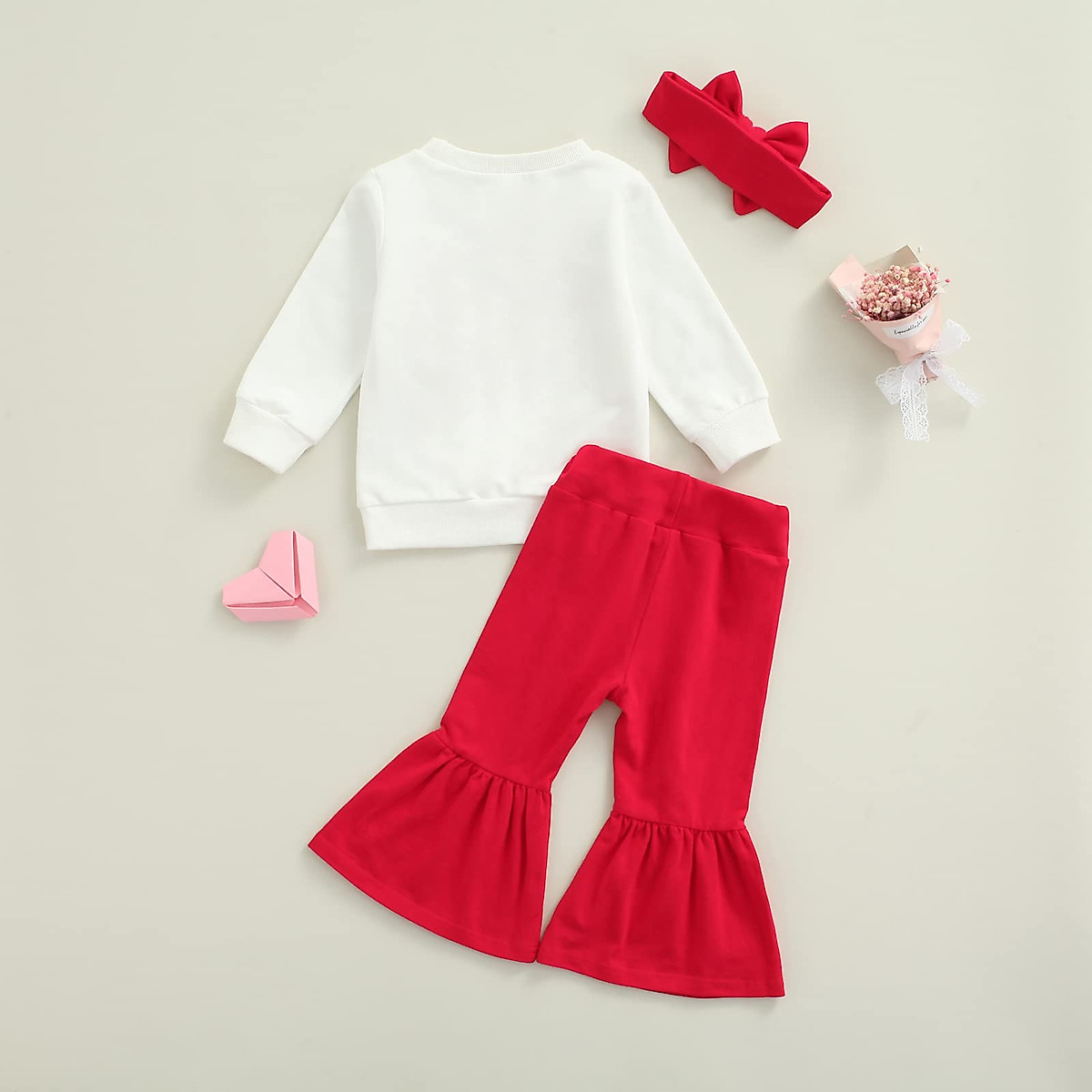 Toddler Baby Girl Valentine's Day Clothes Outfit Set 3Pcs Long Sleeve Love Heart Pullover Tops Flare Pants Headband (Love Heart Print,3-4 Years)
