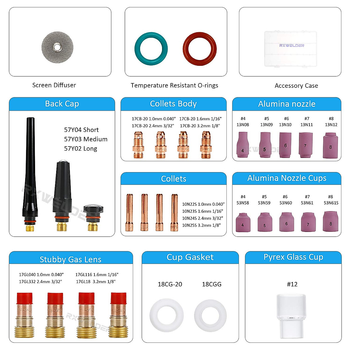 RX WELD 57PCS TIG Welding Torch Stubby Gas Lens #12 Pyrex Glass Cup Kit For WP-17/18/26