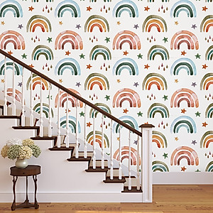 AMAZING WALL Home Peel and Stick Boho Watercolor Rainbow Stars Printed Living Room Pattern Wallpaper Self Adhesive Bedroom