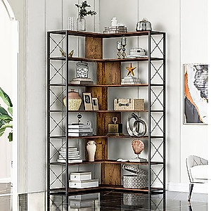 PKUGU 7 Tier Open Bookshelf, Tall 7 Tier Bookshelf, Organizer for Bedroom, Mid Century Modern Shelves, Industrial Style Shelf with Open Storage, L-Shaped Corner Bookcase with Metal Frame, Brown+Black