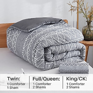 Atarashi Grey Comforter Set Queen, Soft Microfiber Reversible Gray Boho Down Alternative Comforter Set for Queen Bed- 3 Pieces (1 Solid Comforter + 2 Pillowcases), Bedding Duvet Set 90"x 90"