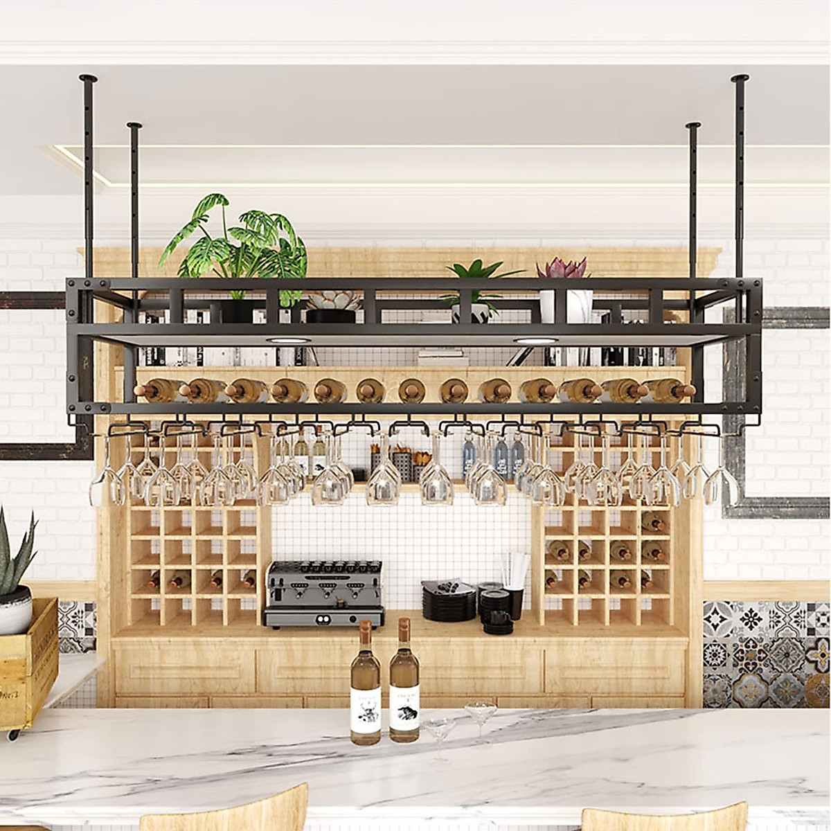 DASHADAO Hanging Wine Glass Rack-Wine Rack Ceiling Wine Rack Suspension Wine Glass Holder Wine Bottle Holder Overhead Garage Storage Hanging Plant Shelf Wall Mount Shelf Wine Glass Rack/Bot