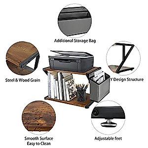Y&ME YM Desktop Printer Stand with Storage Bag, 2 Tier Desktop Organizer Shelf, Rustic Wood Printer Table with Adjustable Anti-Skid Pads, Under Desk Printer Shelf for Fax Machine, Scanner, Files