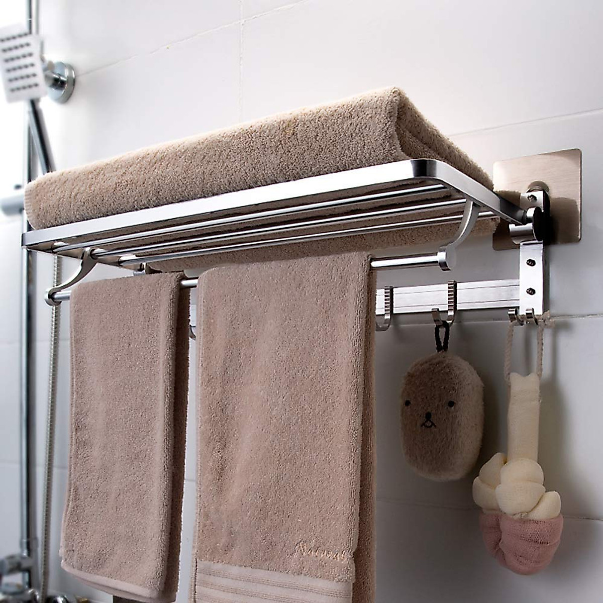 Bathroom Towel Rack,Hanging Over The Kitchen Cupboard Door,with Double Towel Bars and Multiple Hooks,Solid Aluminum Alloy Matte Finish(Towel Rack only)