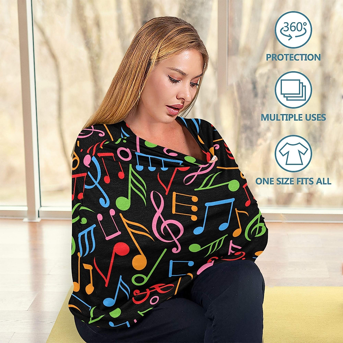 YYZZH Colorful Music Note Pattern On Black Stretchy Baby Car Seat Cover Infant Canopy Nursing Covers Breastfeeding Cover Breathable Windproof Winter Scarf for Boys Girls