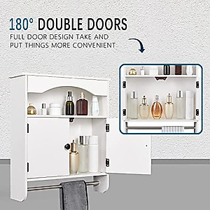 GREATMEET Wood Bathroom Cabinet with Towels Bar and 2 Shelves, Wood Towel Cabinet with 2 Doors, Medicine Wall Mounted Cabinets for Bathroom, Laundry Room, Kitchen, White