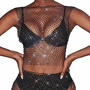 Yokawe Mesh Crystal Body Chain Black Rhinestone Fishnet Tank Tops See Through Bikini Party Body Accessories Jewelry for Women (Black)