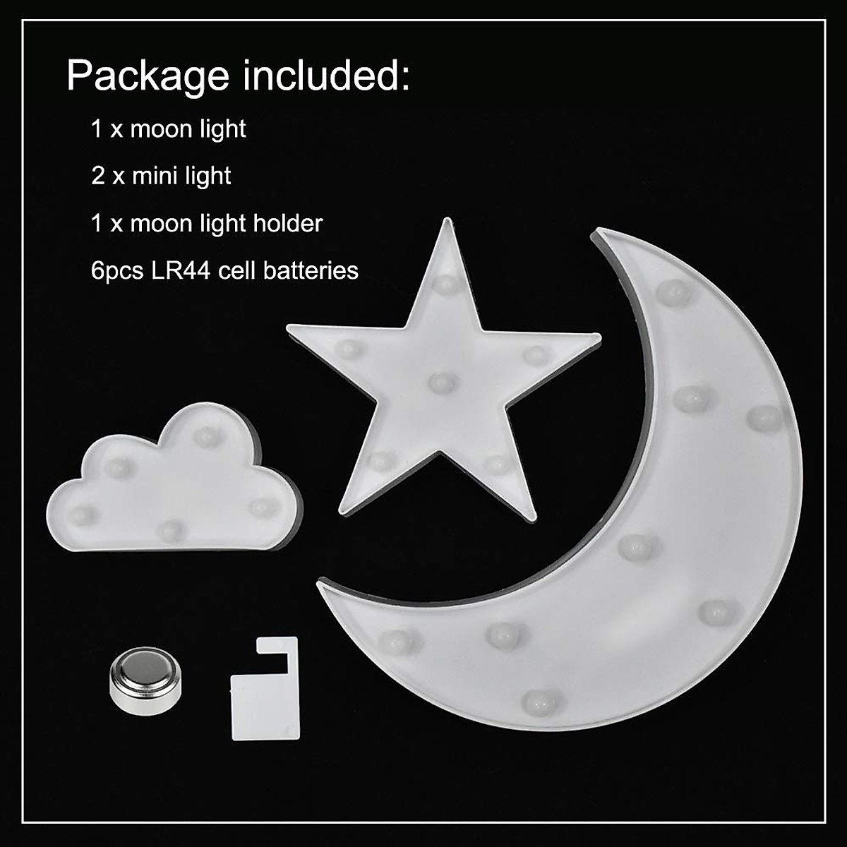 GUOCHENG Lovely White Moon Star Cloud Light Set Battery Operated LED Marquee Light Sign Warm White Bedside Lamps for Kids Children Bedroom Nursery, Baby Standing Night Light