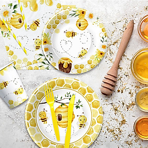 YJRJSC Bee Baby Shower Decorations Paper Plates And Napkins Party Supplies - Bee Birthday Party Decorations Tableware, Plate, Cup, Napkin, Fork, Bumble Theme Bee Day Decorations Dinnerware | Serves 24