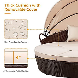 AECOJOY Outdoor Daybed with Canopy, Patio Daybed with Washable Cushions and 3 Extra Pillows, Rattan Wicker Separated Seating Sectional Sofa for Patio Lawn Garden Backyard Porch Pool