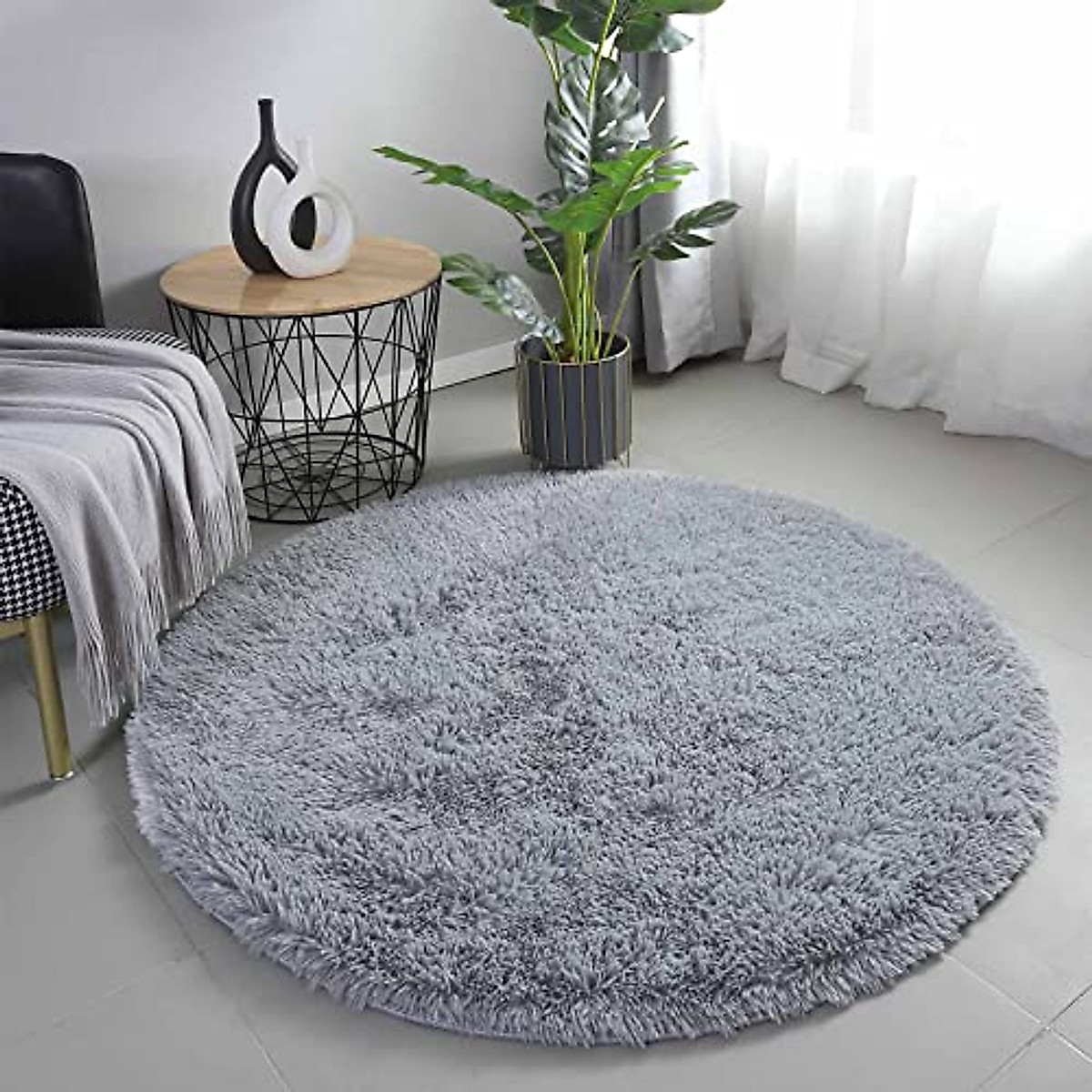 4x4 Gray Fluffy Round Rug for Living Room Luxurious Circle Carpet for Bedroom Shaggy Plush Soft Grey Round Rug Home Decoration Carpets (4x4, Gray)